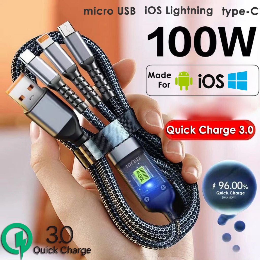 Fast Charging Cable 100W 3 in 1 6A Fast Charging Nylon Bradied USB C ...
