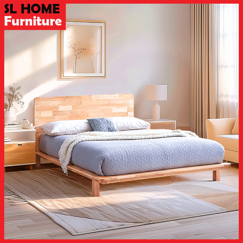 🔥SL 100% SOLID WOOD Muji Queen/King Bed Frame / Headboard / Katil Kayu ...
