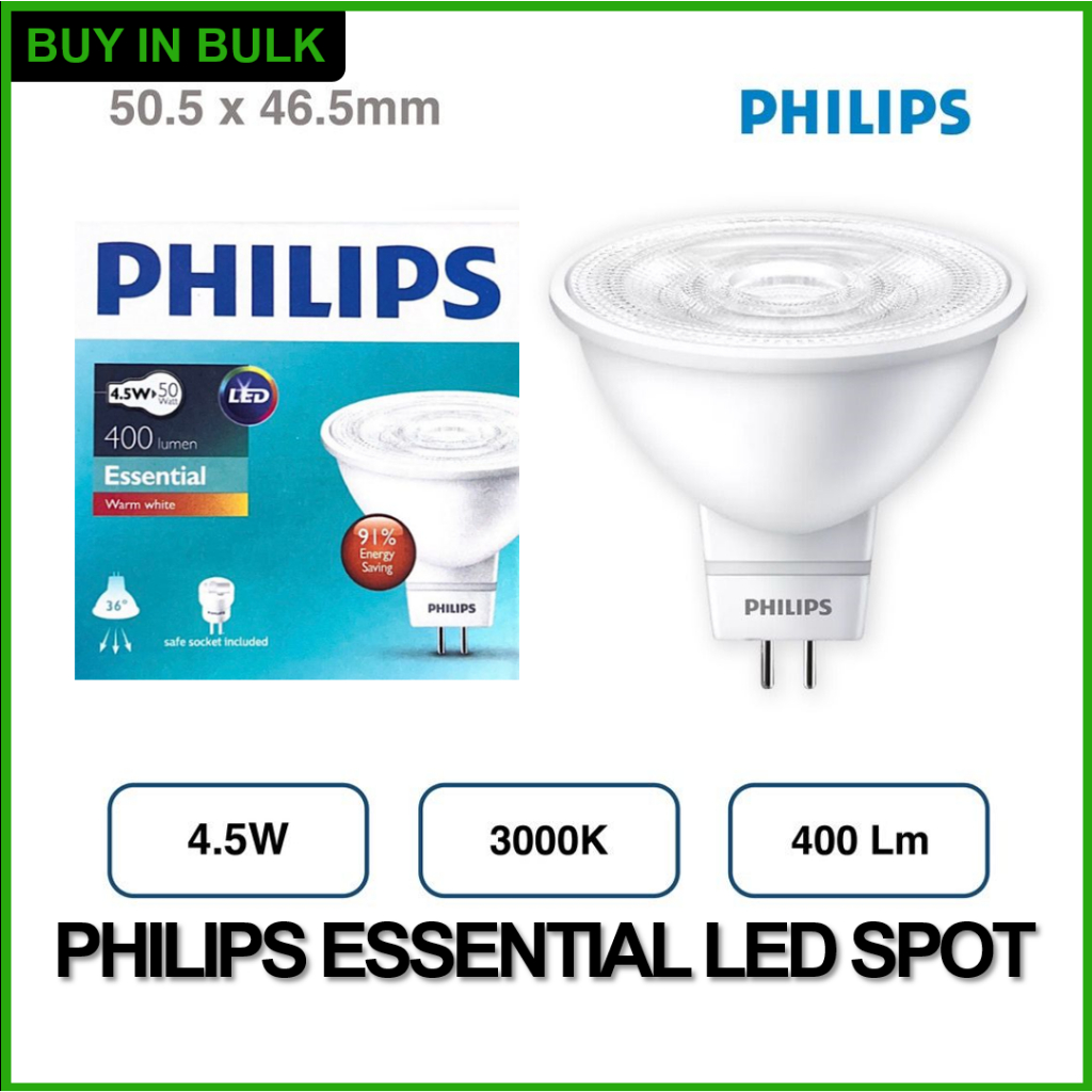 PHILIPS ESSENTIAL LED SPOT BULB MR16 4.5W~50W WARM WHITE GU5.3 | Shopee Malaysia