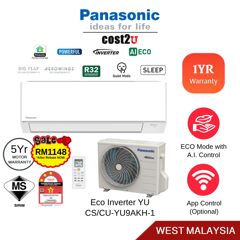 Panasonic Eco Inverter YU X-Saver R32 Air Conditioner (1.0HP/1.5HP) CS-YU9AKH CS-YU12AKH AirCond ...