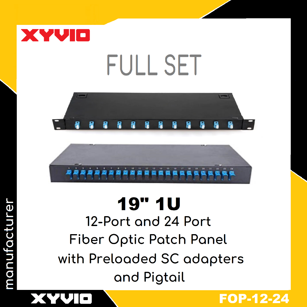 XYVIO 19” 1U Fiber Optic Patch Panel Full Set 12 / 24 Ports Rack Mount ...