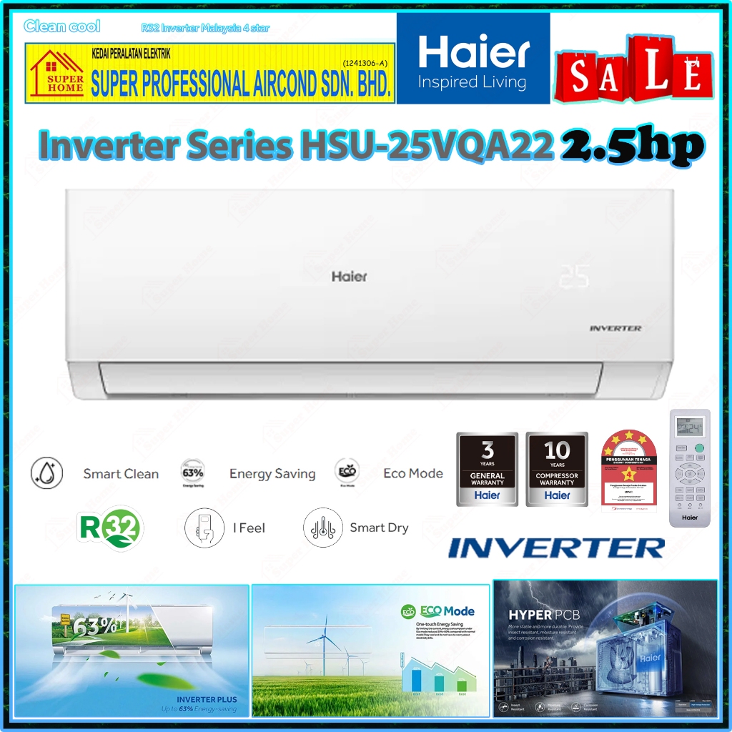 Haier 2.5hp DC INVERTER R32 Aircond HSU-25VQA22 R32 2.5hp Energy Saving ...