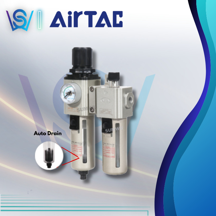 AirTAC GAFC Series Pneumatic Air Filter (Auto Drain) + Regulator + Lubricator + Pressure Gauge ...