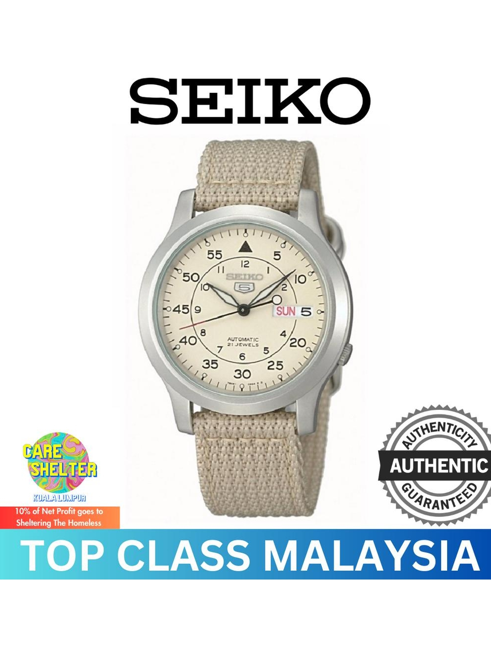 Seiko 5 Military SNK803K2 Auto See-thru Back Beige / Cream Nylon Strap ...