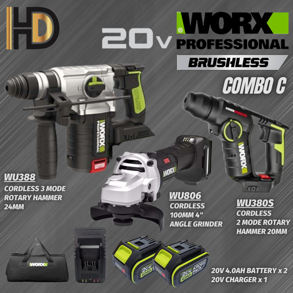WORX 20V 3 IN 1 ROTARY HAMMER MEGA COMBO / BRUSHLESS MOTOR / WORX WU388 ...