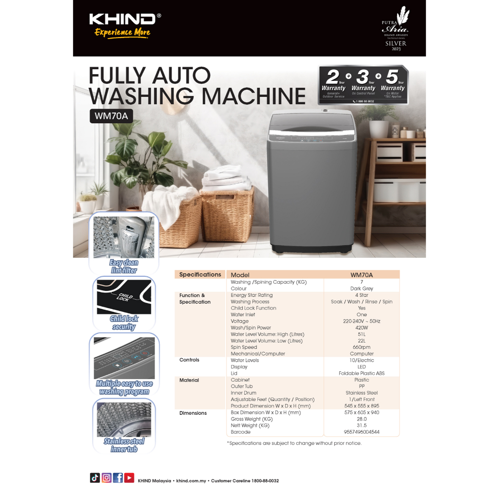 Khind Fully Auto Washing Machine / Mesin Basuh Auto 7kg WM70A | Shopee ...