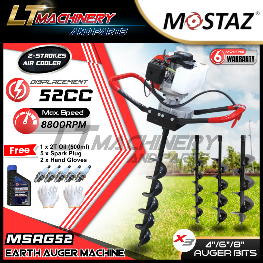 Mostaz 1400W Gasoline Earth Auger MSAG52 | 52 CC | 4" & 6" & 8" Auger Bit | Mesin Gerudi Korek ...
