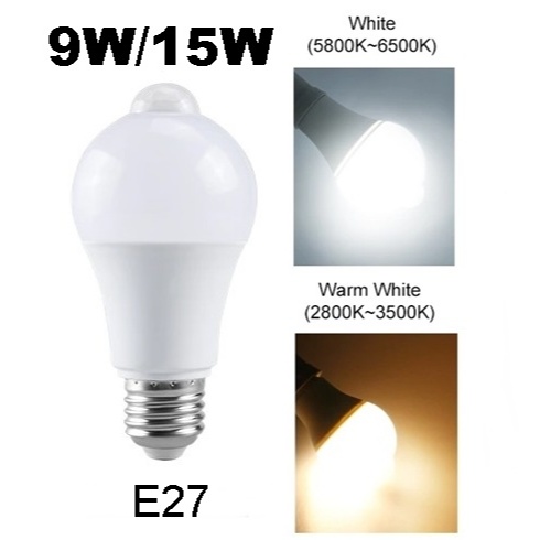 PIR Motion Sensor LED Bulb E27 AC85-265V 9W/15W Automatic ON/OFF Light ...