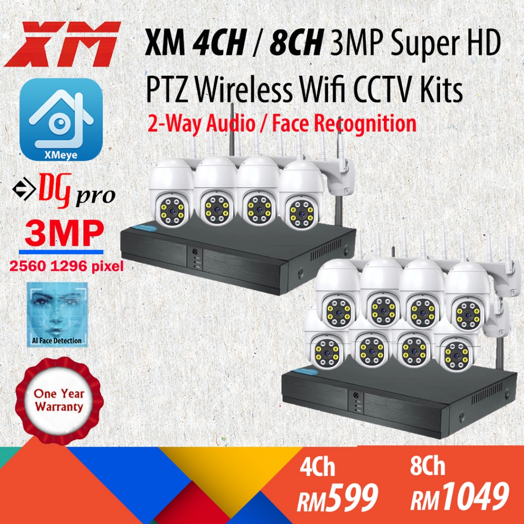 XMeye 4CH / 8CH 3MP 1296p PTZ 360 Rotatable Wireless Wifi CCTV Kit -Plug & Play, Face Detection ...