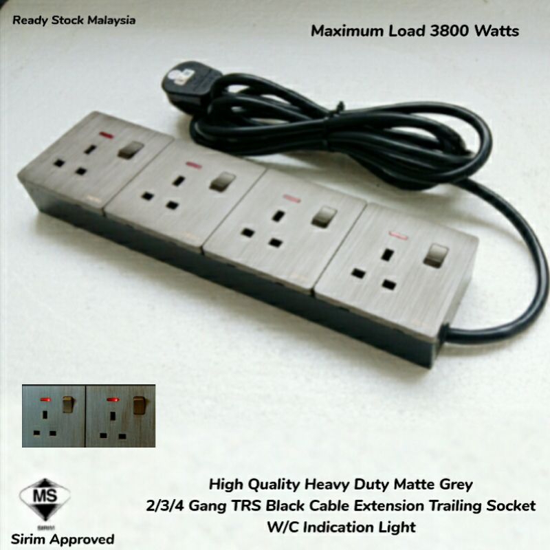 Heavy Duty High Quality 2/3/4 Gang Matte Grey TRS Black Cable Extension ...
