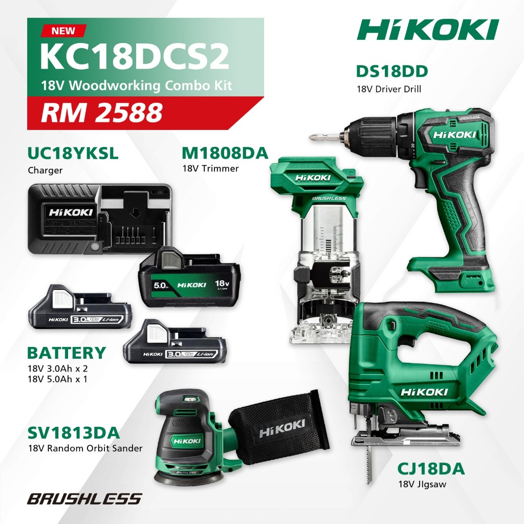 HIKOKI 18V WOODWORKING COMBO KIT - KC18DCS2 (DS18DD / M1808DA / CJ18DA ...