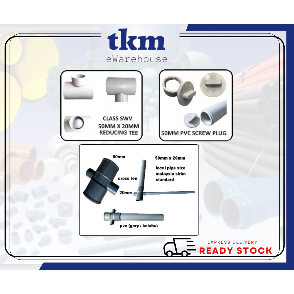 [TKM] 50MM X 20MM uPVC REDUCING TEE 4 WAY FOUR CROSS TEE / 50MM uPVC SCREW ON CAP GREY C/W I/O ...