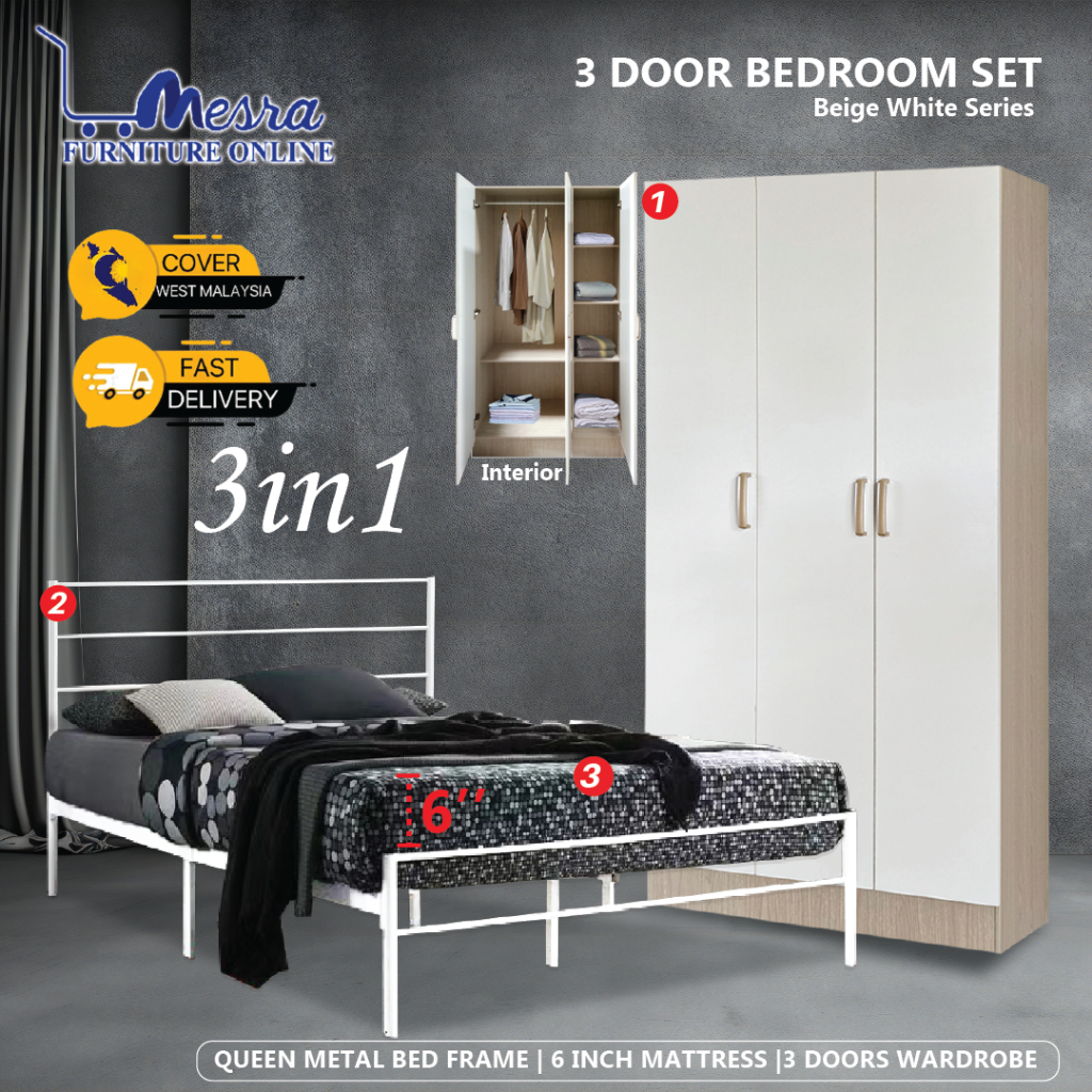 (SIAP PASANG)MESRA - Bedroom Set 3 door /Set Bilik Tidur/Almari Baju ...