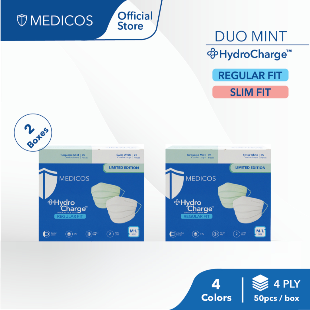 MEDICOS HydroCharge™ 4 Ply Surgical Face Mask Regular/Slim Fit - Duo ...