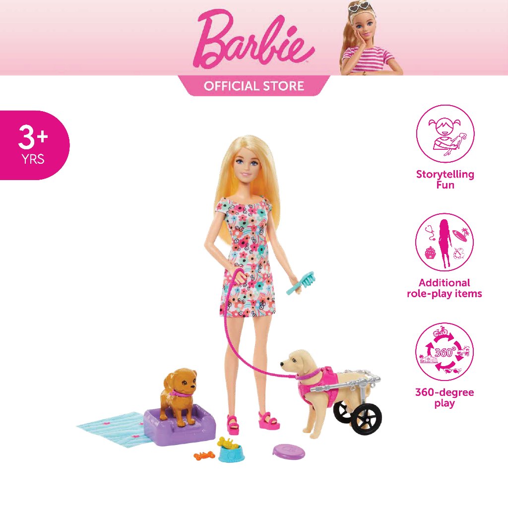 Barbie Doll With A Toy Pup And Dog in A Wheelchair, Plus Pet ...