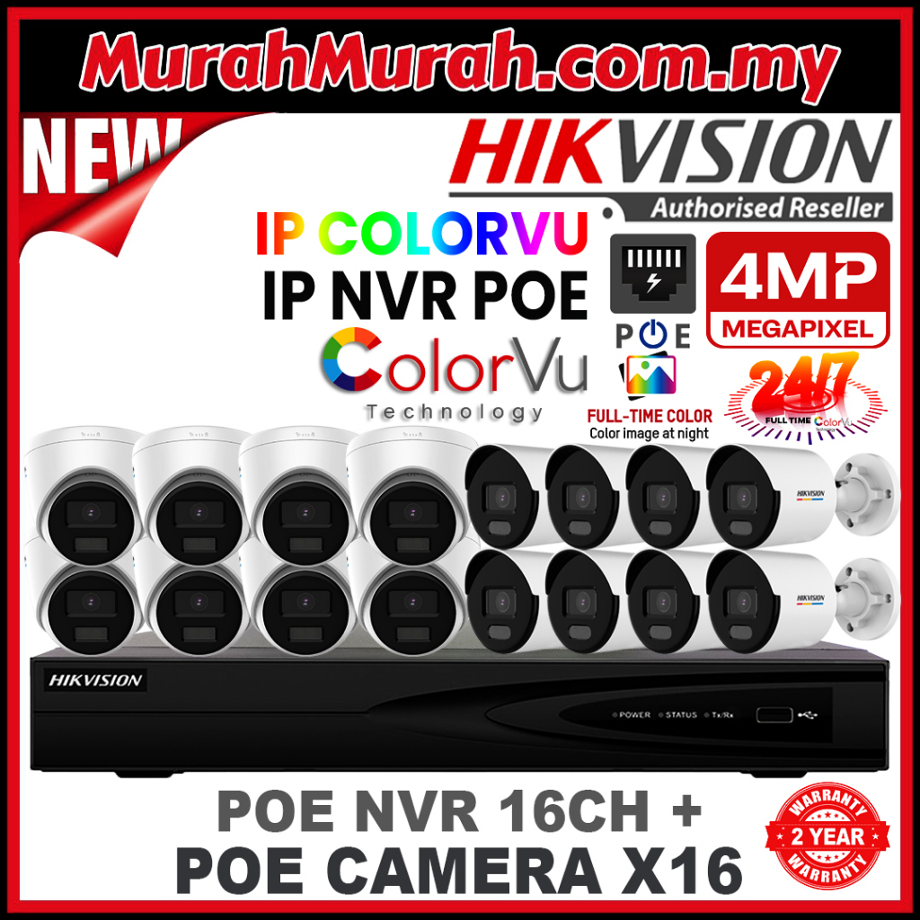 HIK HIKVISION 🌟16 Channel🌟 4.0MP 24/7 Full Time Colour POE + COLORVU ...