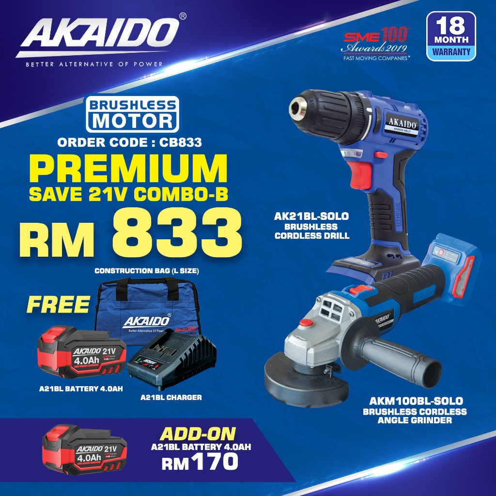 Akaido [Premium Save 21V Combo] Brushless Cordless Drill + Brushless Cordless Angle Grinder ...