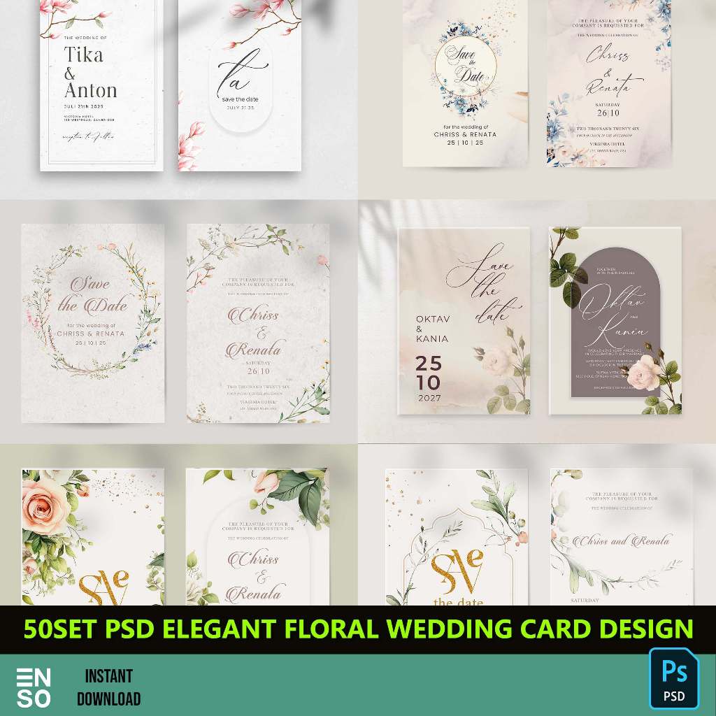 50-Set PSD Elegant Floral Wedding Card Design Template | PHOTOSHOP Kad ...