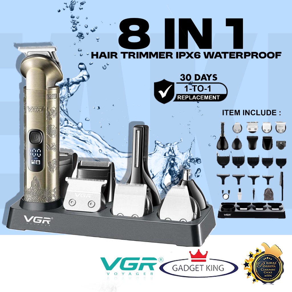 VGR 8 In 1 Waterproof Beard Trimmer for Men Rechargeable Cordless Hair Clippers IPX6 Waterproof ...