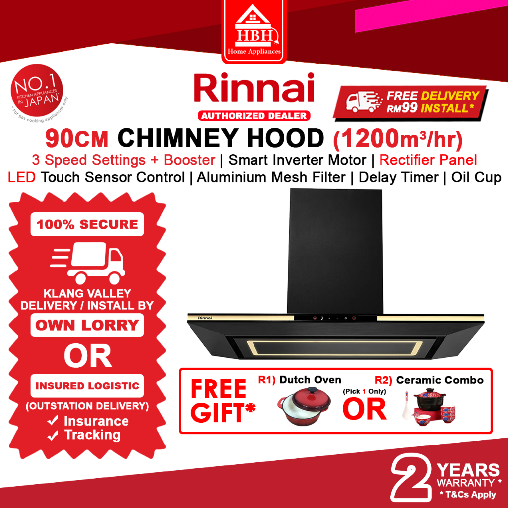 (FREE DELIVERY) Rinnai 90cm RH-C1059-PBW 1200m3/hr Smart Inverter Rectifier Panel Chimney Cooker ...