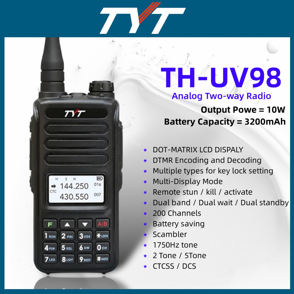 🇲🇾Free shipping TYT UV98 Walkie Talkie 10W Power 3200mAh Dual Band UHF ...
