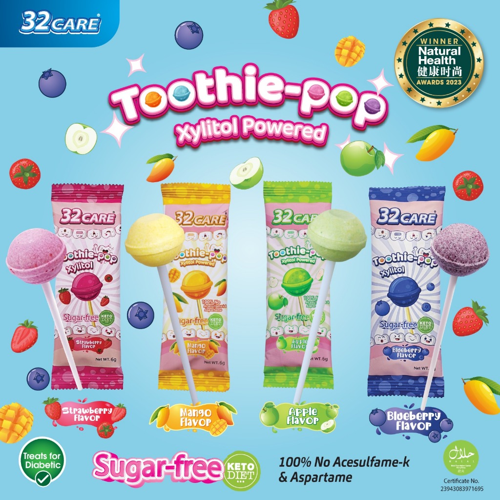 32CARE ® Toothie-pop Xylitol Strawberry/ Blueberry/ Mango/ Green Apple ...