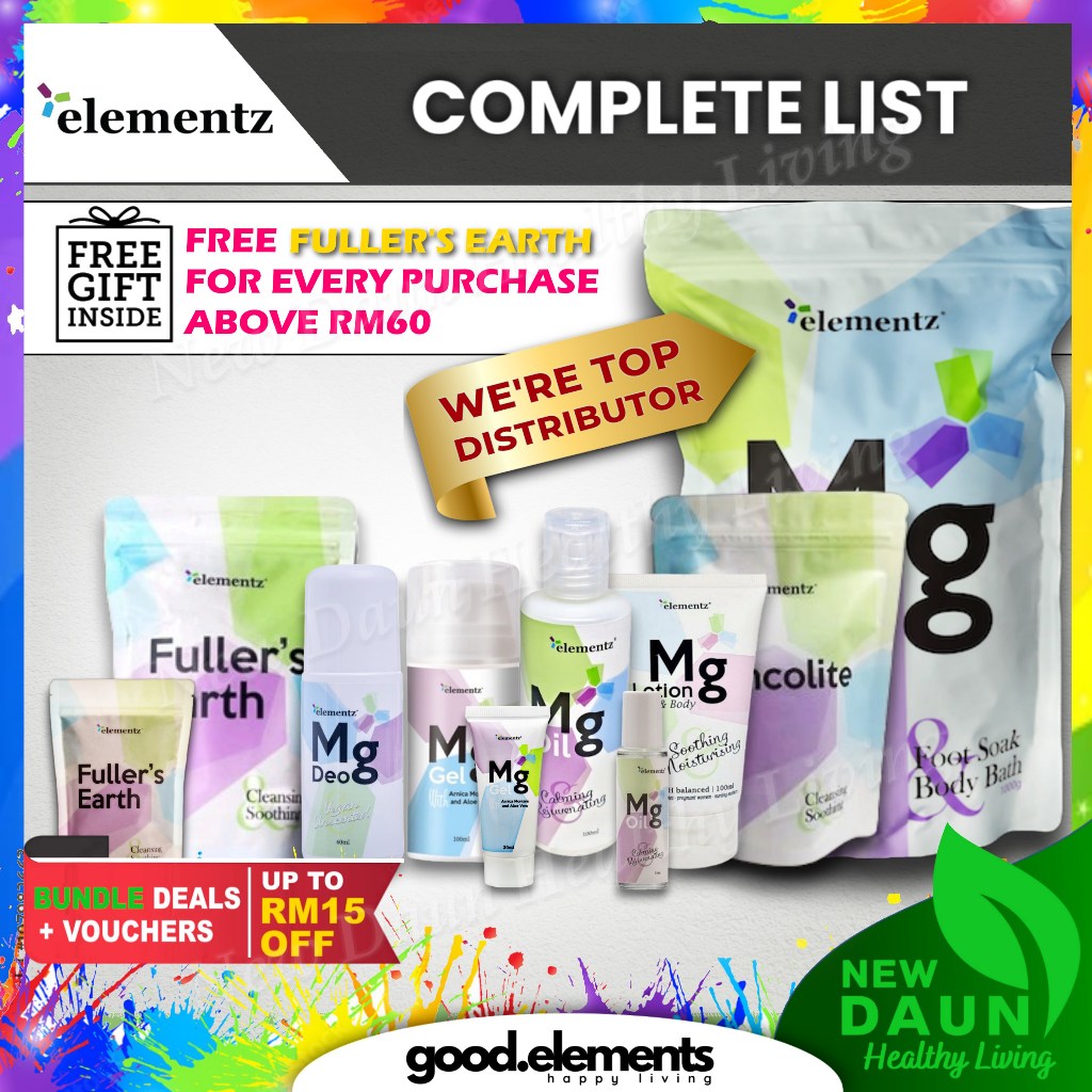 ELEMENTZ COMPLETE Set Magnesium Oil Mg Gel Mg Lotion Mg Flakes Mg Deo Fuller Earth Nahcolite ...