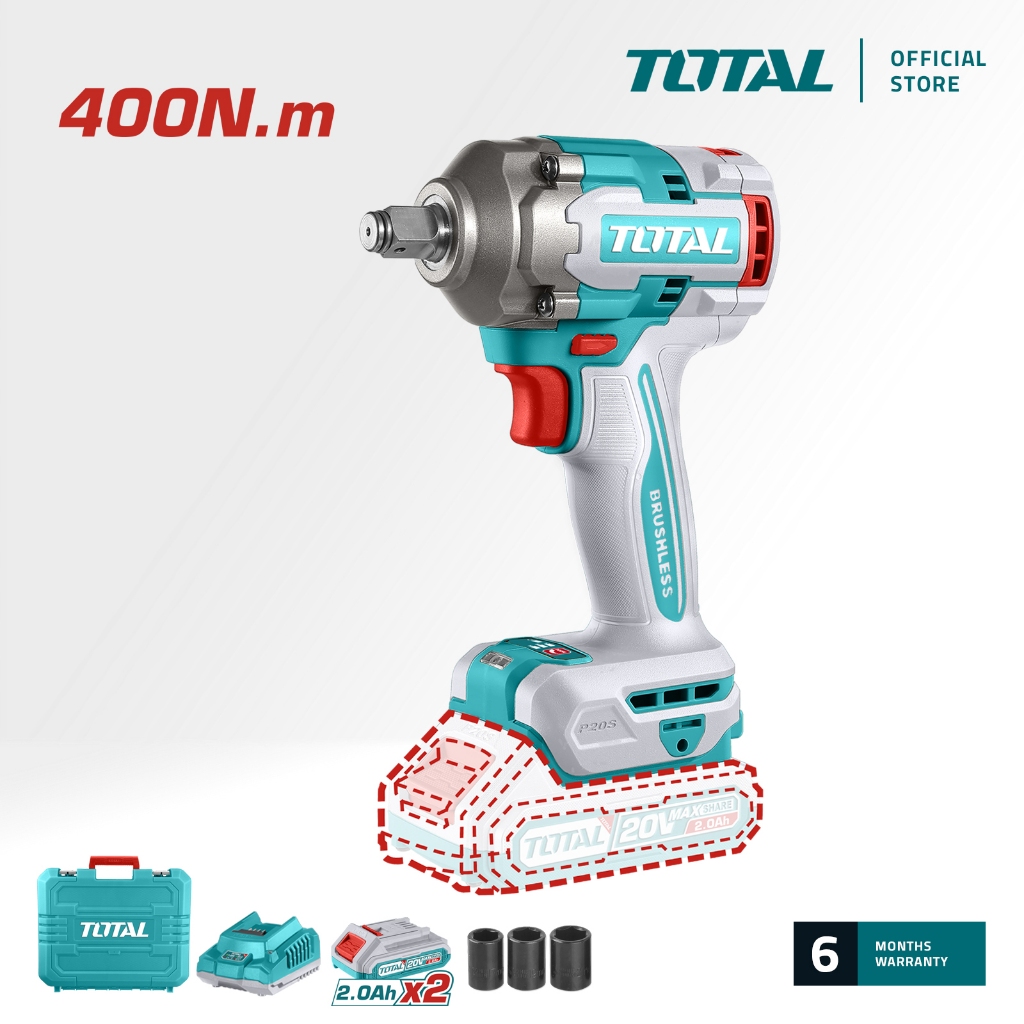 TOTAL Li-ion Impact Wrench (400Nm/ 1/2" /20V) Brushless Motor + 2.0Ah ...
