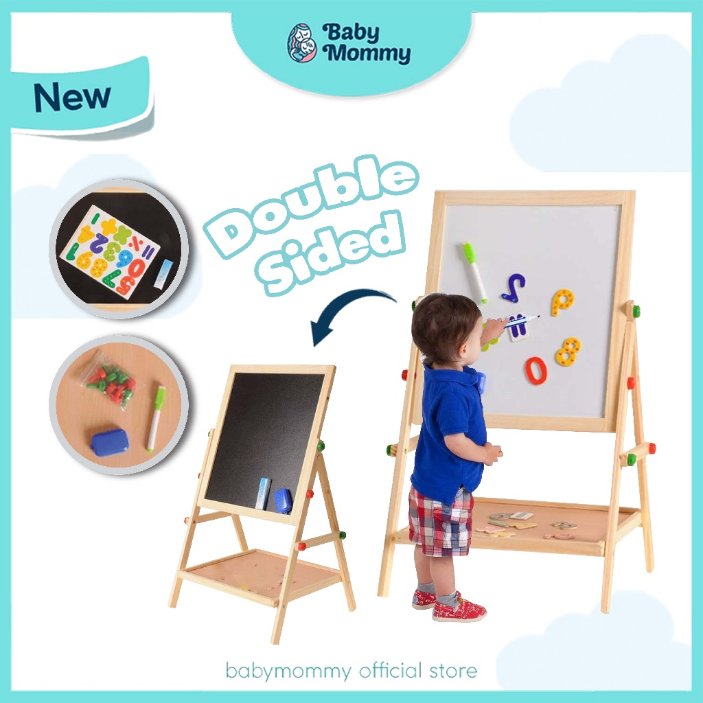 Babymommy👶Wooden Double-sided Stand Whiteboard Magnetism Blackboard ...
