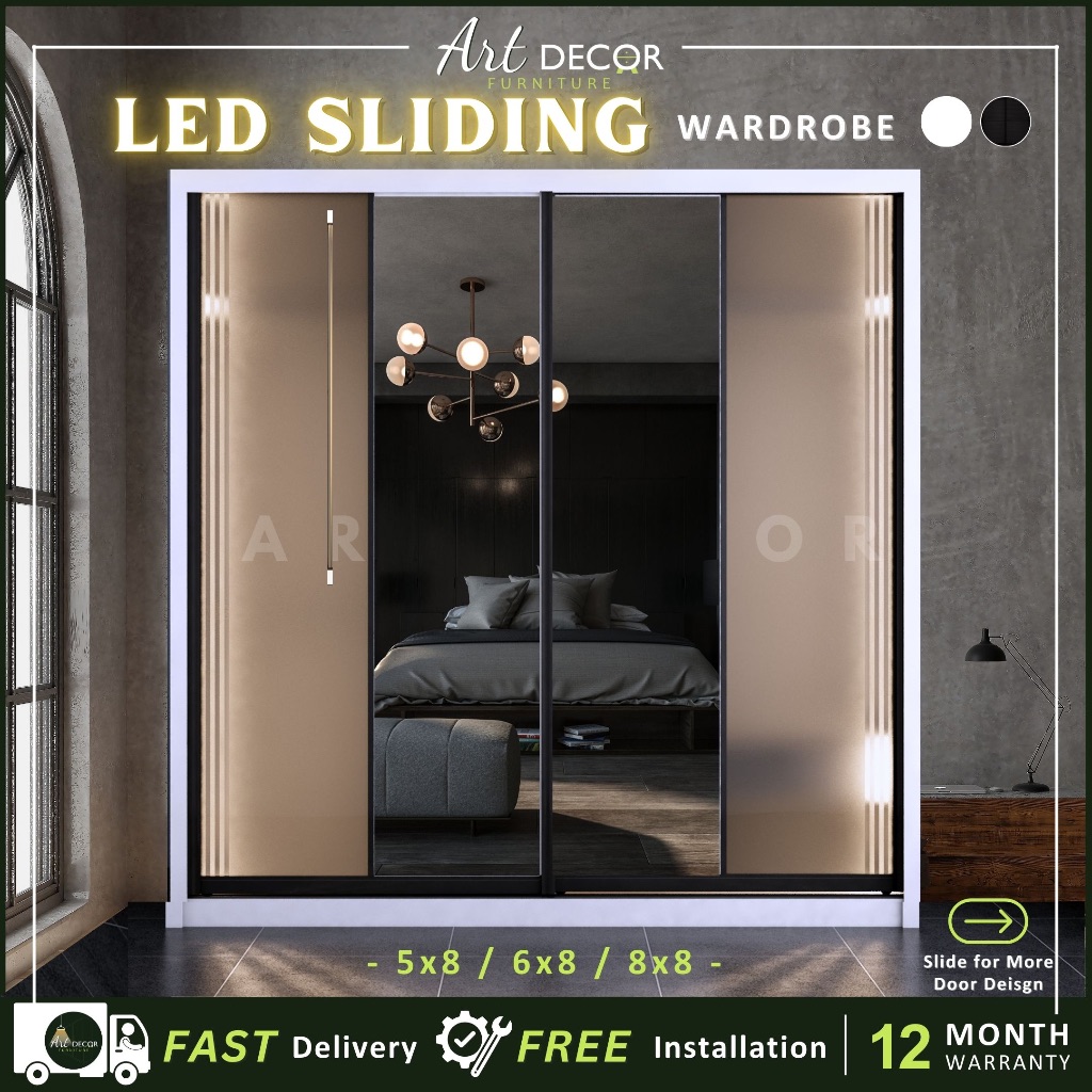 [FREE INSTALL] Almari Baju Full Glass Cermin with LED Light /Mirror ...