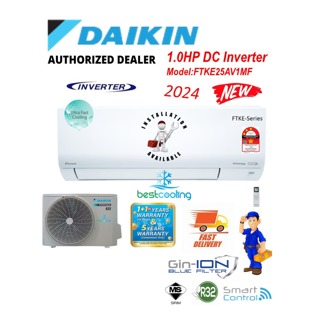 DAIKIN (FTKE25) 1.0HP wall type air cond R32 Gas DC-Inverter (New 2024 ...