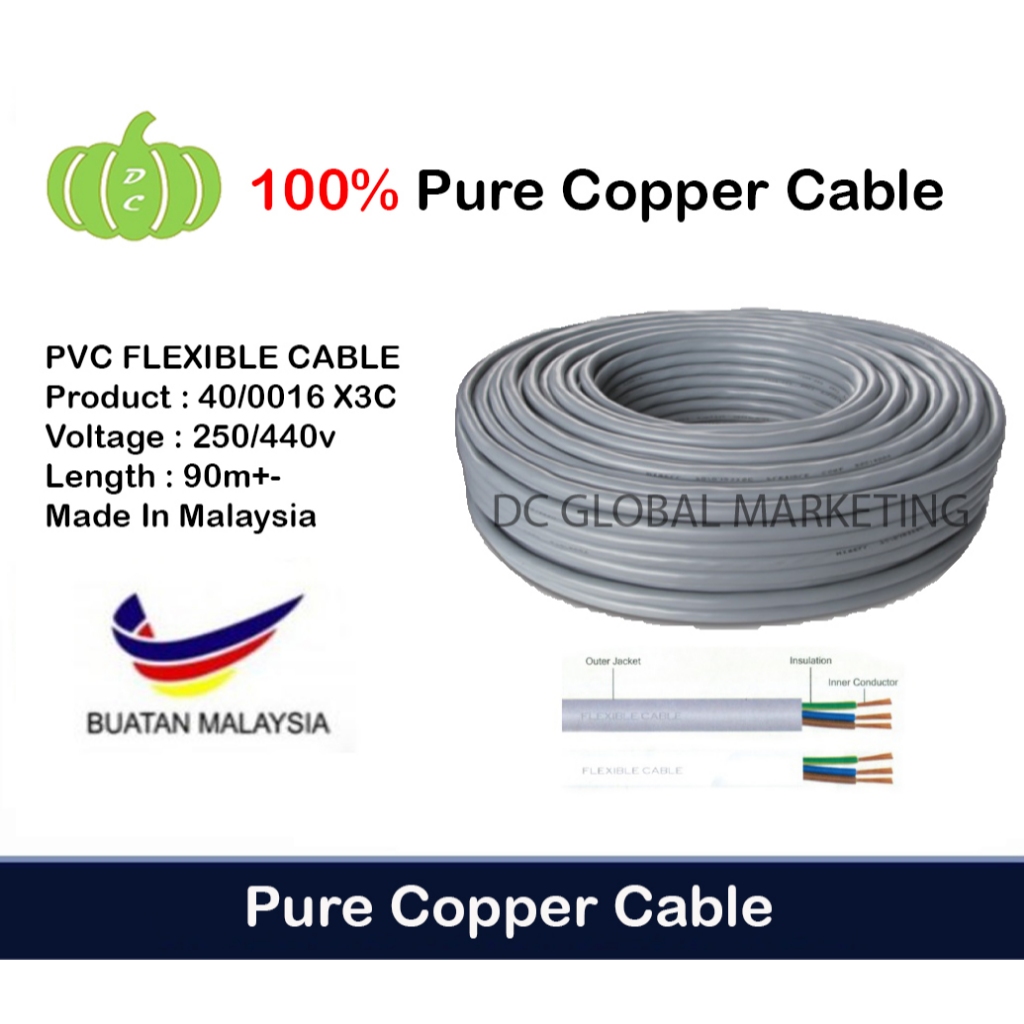 PVC Flexible 100% Pure Copper Cable 40/0016 3 Core Cable | Shopee Malaysia