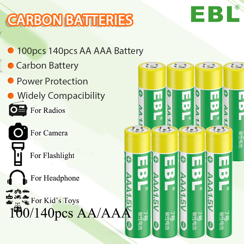 EBL 100Pcs 140pcs 1.5V AA AAA Carbon Zinc Battery Carbon Batteries for ...