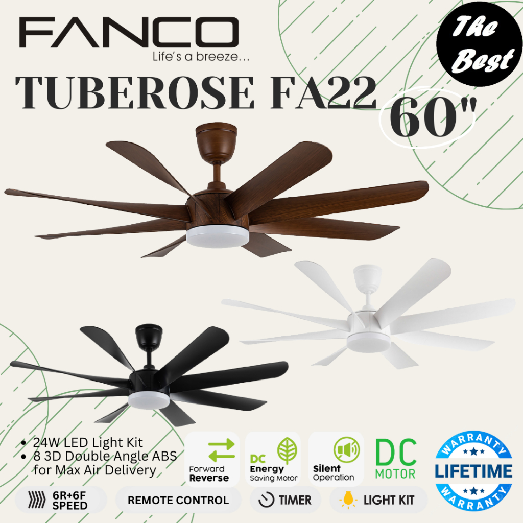 FANCO | Tuberose FA22 60 Inches 8 Blade 3C 24W LED DC Motor 12 Speed R ...
