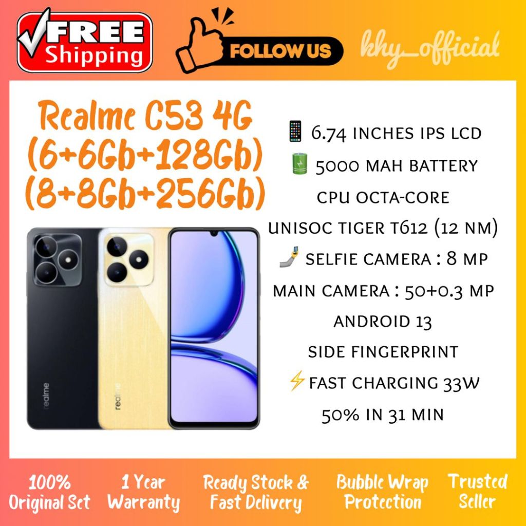 New Smartphone Original Realme C53 [ 6+6Gb+128Gb / 8+8Gb+256Gb Rom | 50MP AI Camera | 33W Super ...