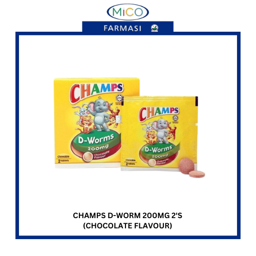 CHAMPS D-WORM 200MG CHEWABLE 2'S (CHOCOLATE FLAVOUR) - [EXP: 05/2026 ...