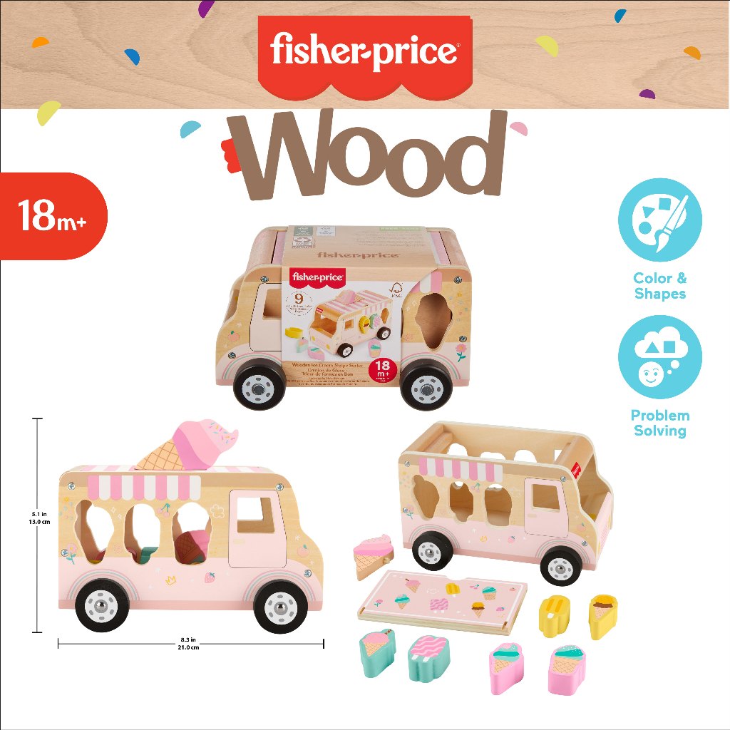 Fisher-Price Wooden Ice Cream Shape Sorter Set For Toddlers & Kids, 8 ...