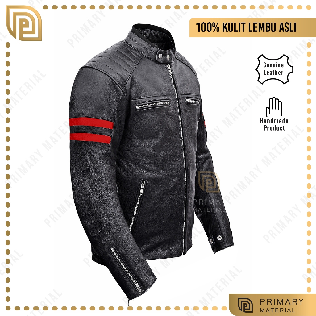 Leather Jacket Kulit Asli Red Stripes Black Jaket Cafe Racing Biker ...
