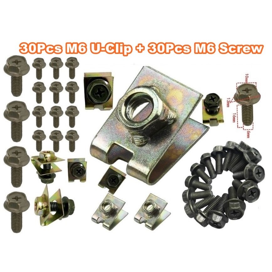 60Pcs M6 Screw + M6 Clip Motorcycle Cover Set Body Car 6mm U-Clip U Nut ...