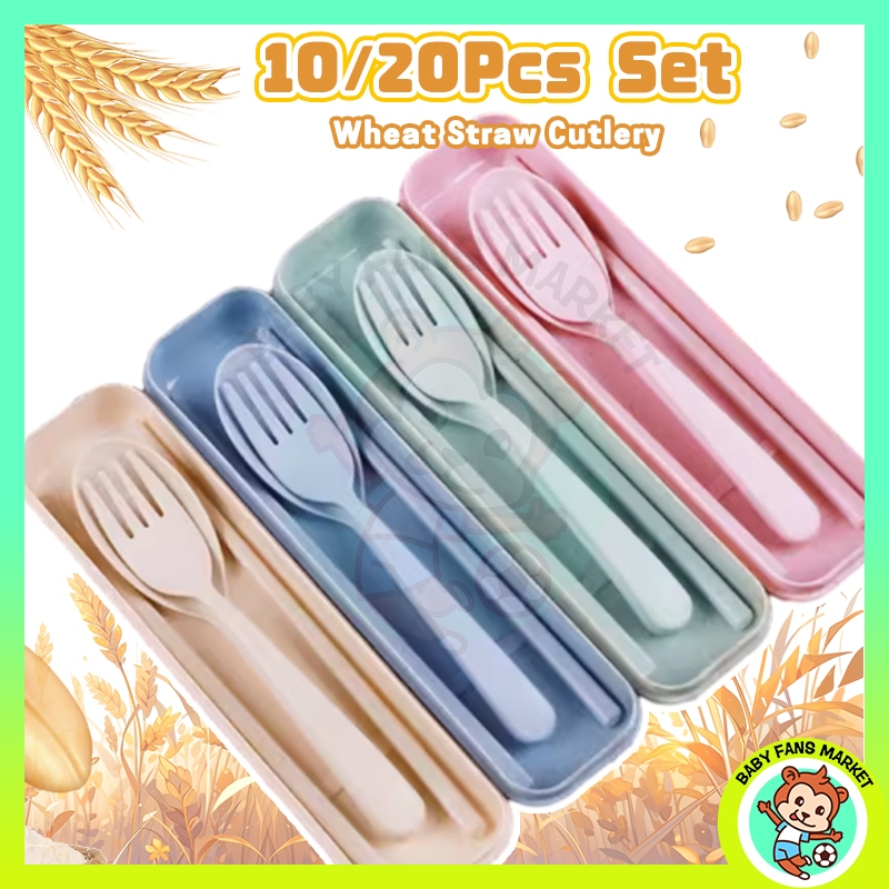 10/20Pcs Wheat Straw Cutlery Set Foldable 3 In 1 Spoon Folk Chopstick ...