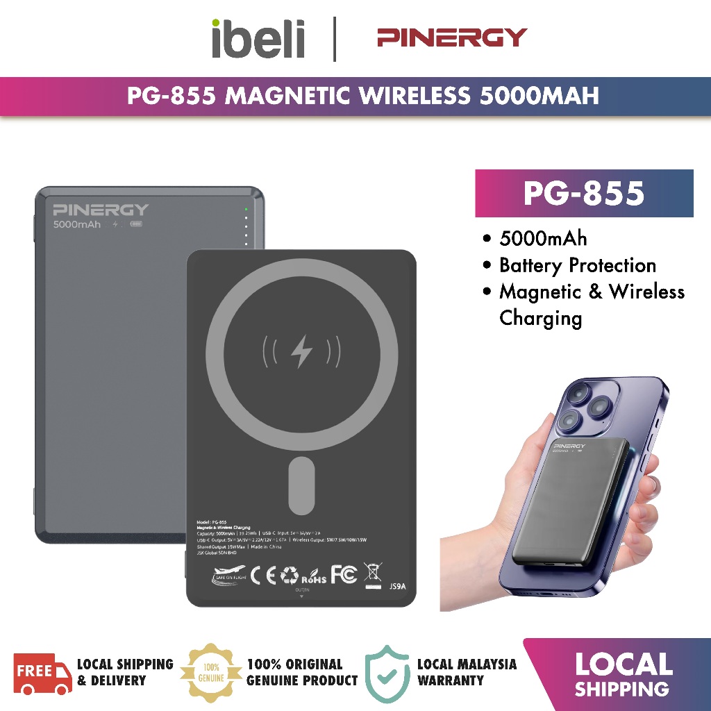 PINERGY PG-855 Thin and Light Slim Magnet Magnetic Wireless 15W Fast Charging Powerbank 5000 mAH ...