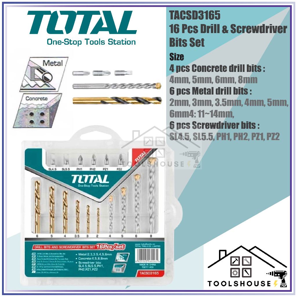 Total TACSD3165 16 Pcs Drill and Screwdriver Bits Set 钻头和螺丝刀头套装 ...