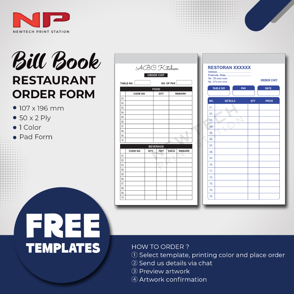 Restaurant Order Form / Order Chit / Kertas Menu Order Restoran / Bill ...