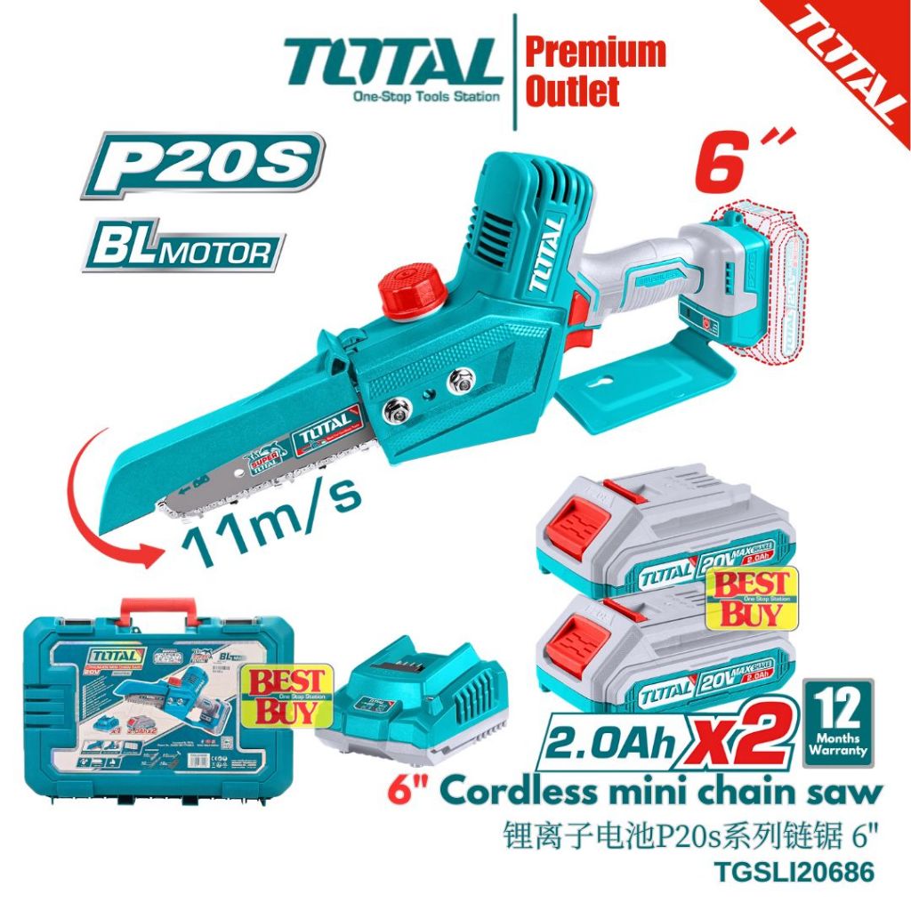 TOTAL 6" Cordless mini chain saw W/ 2 Pcs Battery , Charger & Carrying ...