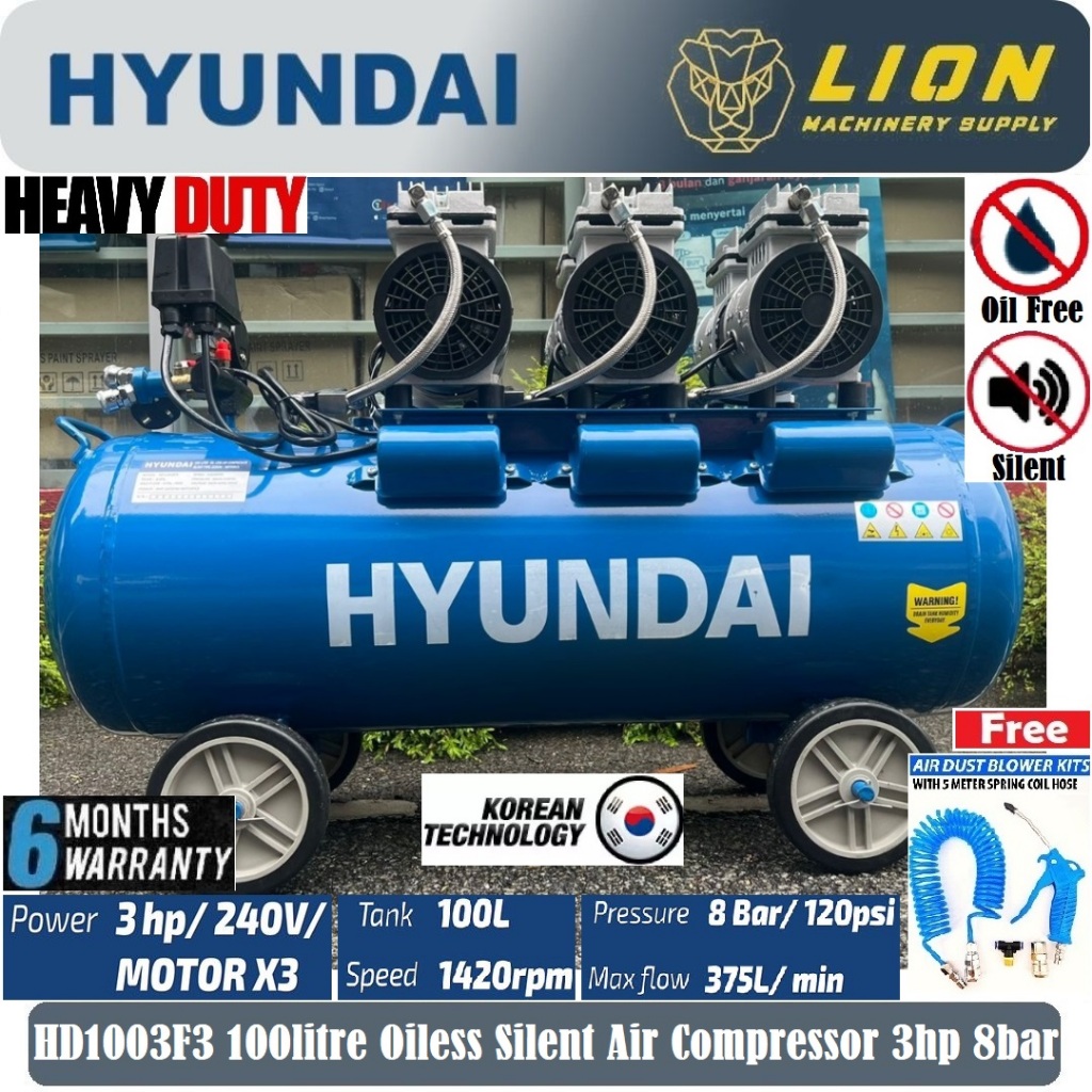 HYUNDAI HD1003F3 3HP 100Litre Oil less Silent Air Compressor 2250W 8bar ...