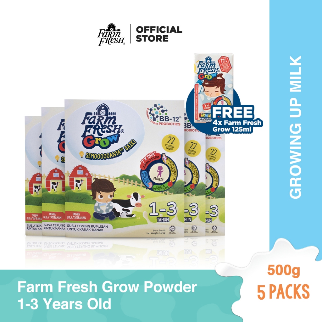 Farm Fresh Grow Powder 1-3 Years Old 500g x 5 Packs + Farm Fresh Grow Formulated Milk 1-6 Years ...