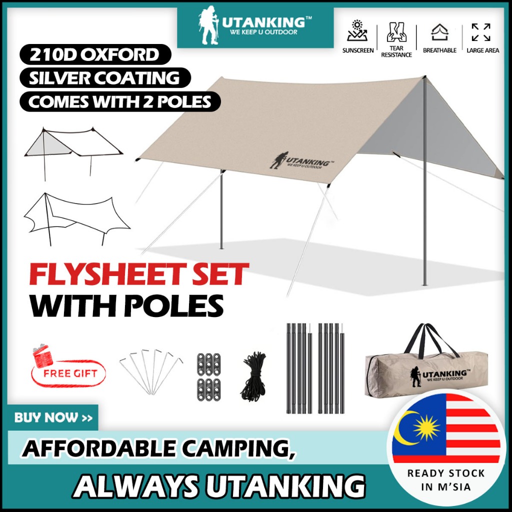 UtanKing™ Flysheet Set with Pole & Rope Camping Tarp Awning Canopy Tent ...