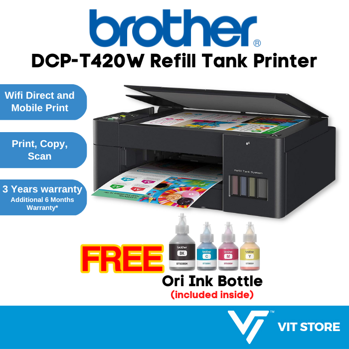 Brother T420W T520W Wireless 3in1 Inkjet Refill Color Ink Tank Pencetak ...