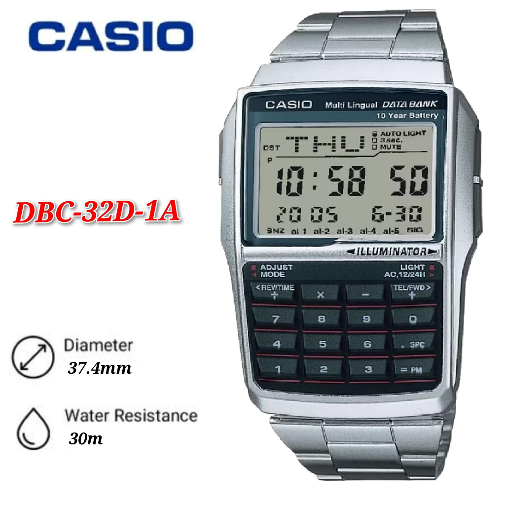 Casio Databank Men Digital Calculator Watch DBC-32D-1A Silver Stainless ...