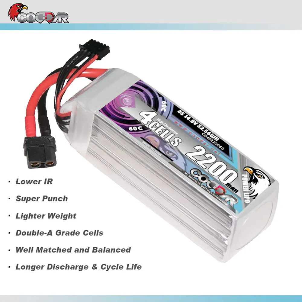 CD4S220060 // Coddar 4S 14.8V 2200mAh 60C XT60 T-Plug LiPo Battery ...